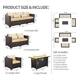 Rattaner 5-Piece Outdoor Patio Furniture 45 in Outdoor Fire Pits Patio Furniture Set 60000 BTU Outdoor Propane Fire Pit No-Slip Cushions Waterproof Covers, Khaki