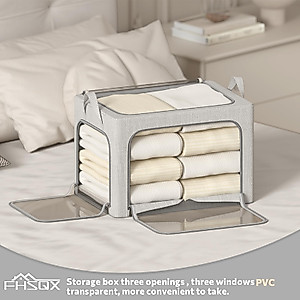 3 Pack Clothes Storage Bins with Metal Frame- Foldable Storage Organizer Bin for Clothes Linen Fabric Storage Box with Lid ＆Clear Window (Light Grey, 15.7x11.8x11.8inch)