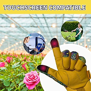 MSUPSAV Women Gardening Gloves with Touchscreen,Garden Gloves for Women,Cowhide Leather Work Gloves for Women,Gardening Gfits,Colorful flowers,Large
