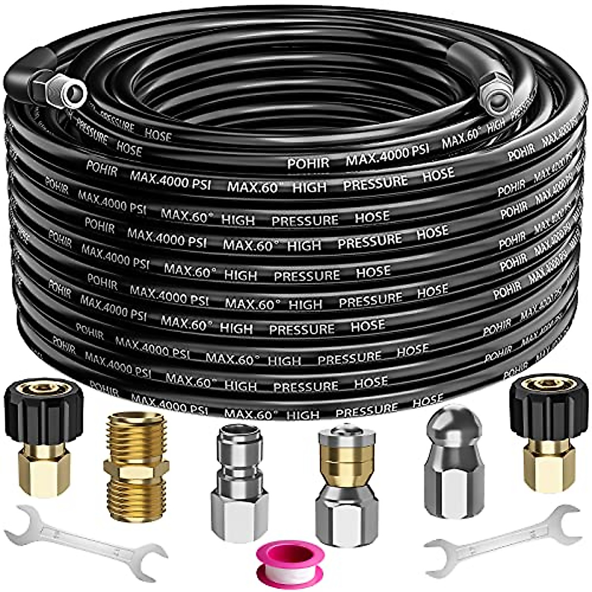 POHIR Sewer Jetter Kit for Pressure Washer 50 ft, Hydro Drain Jetter Cleaner Hose with 1/4 Female NPT, Button Nose, Rotating Sewer Jet Nozzle and Pressure Washer Adapter, 4000 PSI Drain Cleaner Hose