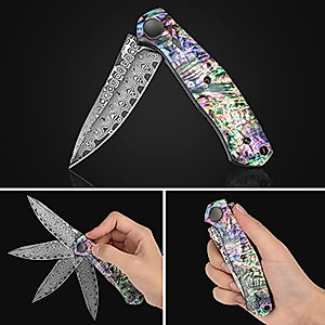AUBEY Damascus Pocket Knife for Men Women, 3.23 inch Blade of EDC Hunting Knives with Abalone Shell Handle, Ball Bearing, Liner Lock - Sharp Damascus Steel Knife with Clip, Gift for Camping