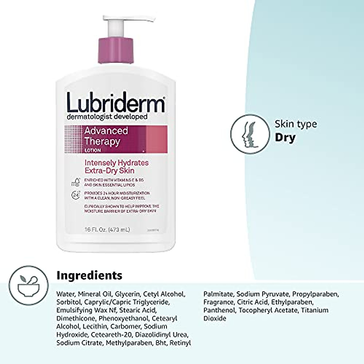 Lubriderm Advanced Therapy Moisturizing Lotion with Vitamins E and B5, Deep Hydration for Extra Dry Skin, Non-Greasy Formula, 16 fl. oz