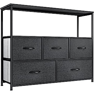 YITAHOME 5-Drawer Fabric Dresser with Shelves, Furniture Storage Tower Cabinet, Organizer for Bedroom, Living Room, Hallway, Closet, Sturdy Steel Frame, Wooden Top, Easy Pull Fabric Bins(Dark Grey)