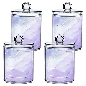 xigua 2 Pack Marble Texture Purple Apothecary Jars with Lid, Qtip Holder Storage Containers for Cotton Ball, Swabs, Pads, Clear Plastic Canisters for Bathroom Vanity Organization (10 Oz)