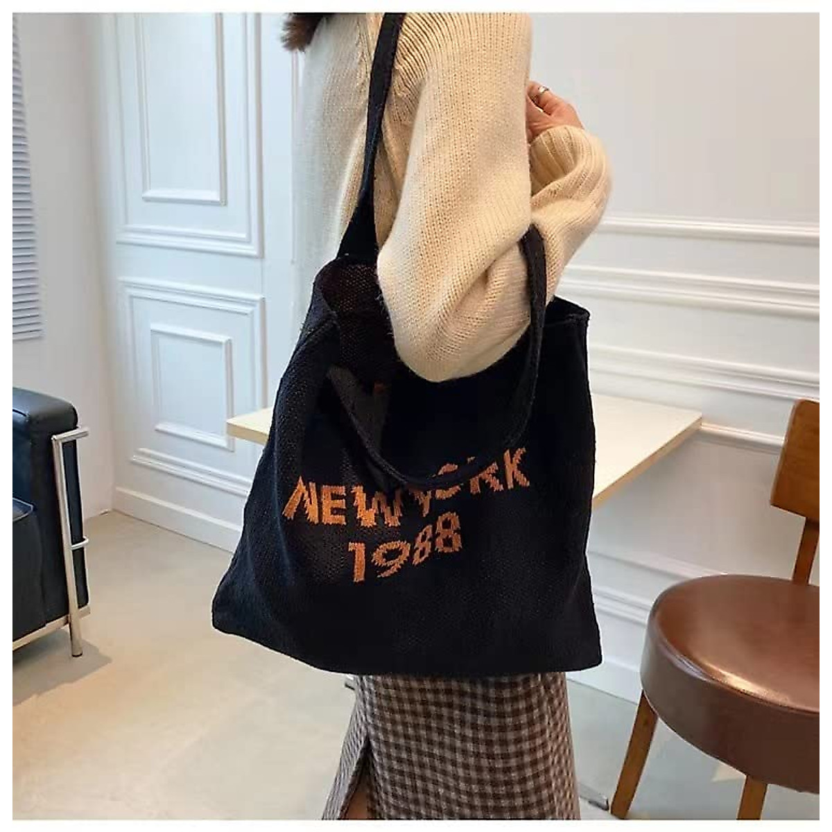 Grunge Knitted Tote Bag Y2K Fairycore Letter Shoulder Bag Aesthetic Hobo Bag Indie Crossbody Bag Alt Purse Accessories (Beige)