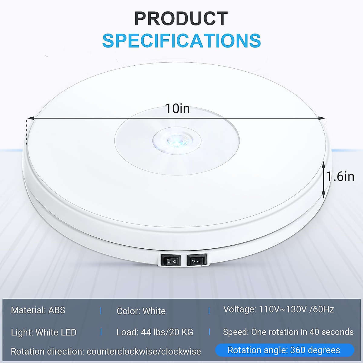 White Electric 10 Inch Rotating Turntable Display Stand with Led 44 lb Centric Loading for Table 360 Degree Motorized Tumbler Display Stand for Jewelry Photography