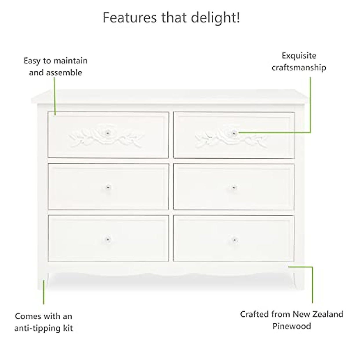 SweetPea Baby Rose/Tiana Double Dresser in French White, Made of Sustainable Pinewood, Easy to Assemble, Non-Toxic Finish, Six Spacious Drawers, Nursery Furniture
