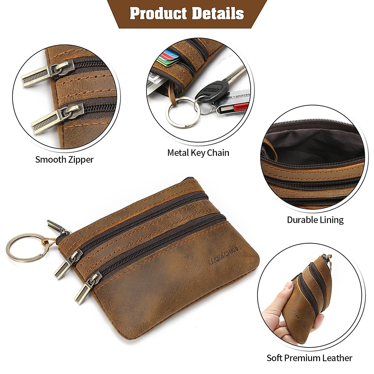 Jack&Chris Coin Purse Pouch for Men, Genuine Leather Coin Purse Zipper Pocket with Keychain Ring, Coin Bag for Men,JC301-8
