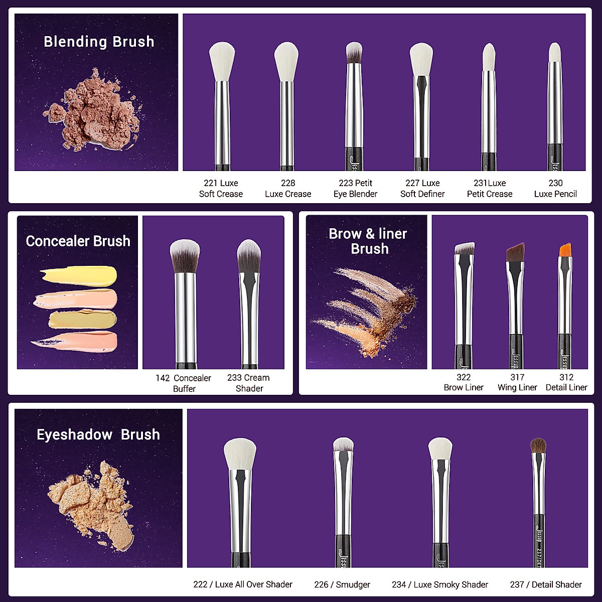 Jessup Eye Makeup Brushes Set Professional 15pcs with Eyeshadow Blending Concealer Eyebrow Eyliner Brush (Pearl Black/Silver)