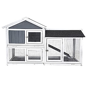 Lifeand Rabbit Hutch Chicken Coops Bunny Cage with Pull Out Tray, Ramp, Lockable Doors,Two Run Cage Outdoor Wooden Small Animal House,Gray