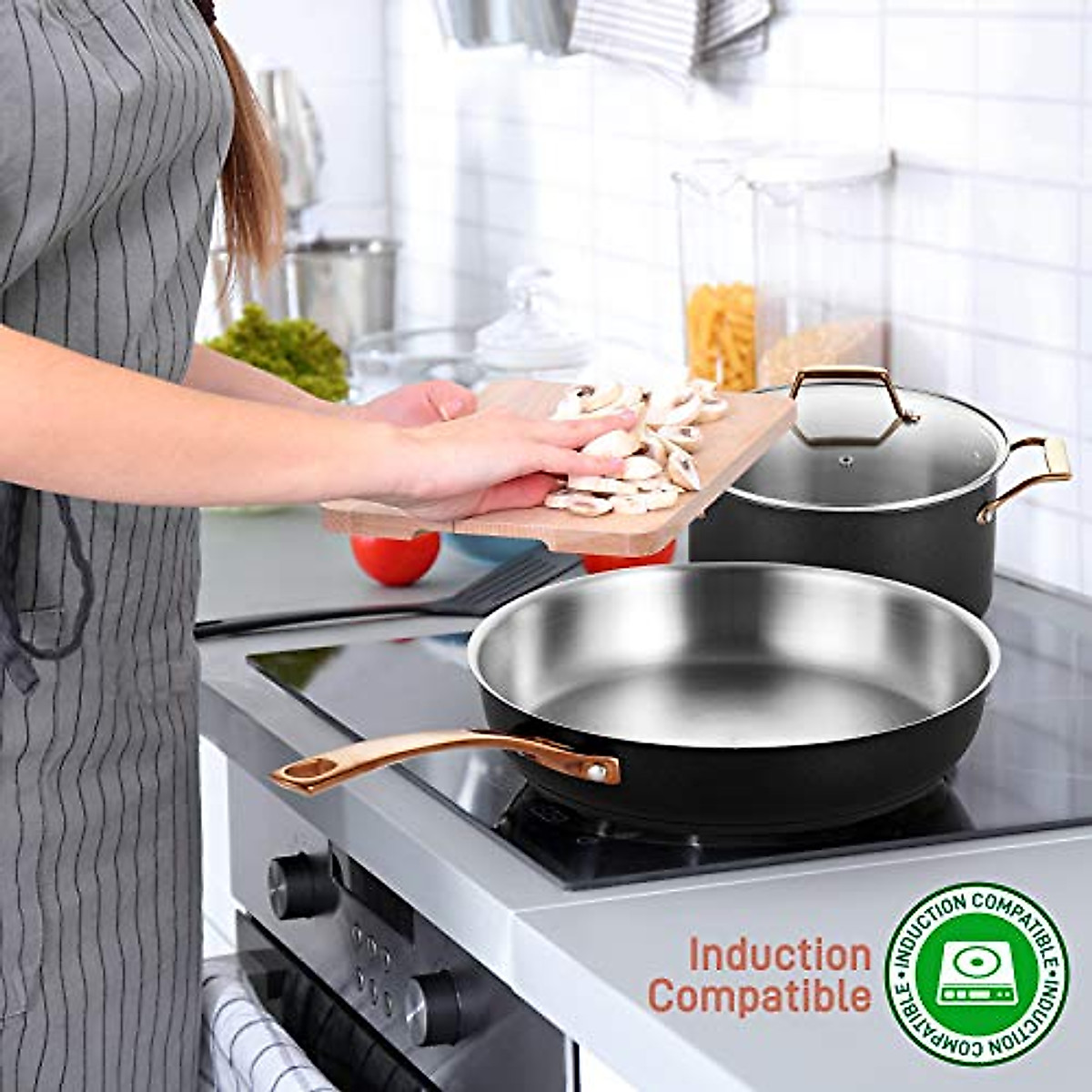 NutriChef 11 Pcs. Stylish Kitchen Set w/Modern Cookware Design Non-Stick Kitchenware Pots & Pans, Small & Medium Skillet Fry Pans w/Golden Handles, NCONYX