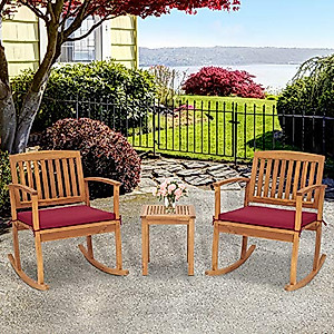 Kinsunny 3 Piece Wood Patio Bistro Rocking Chairs Outdoor Chat Wooden Rocker Conversation Set with Cushions and End Table for Garden, Pool, Backyard