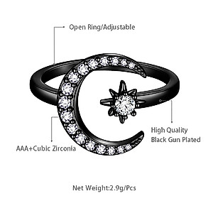 beautlace Star and Moon Adjustable Rings Black Gun Plated Crescent Moon Stars Open Ring Jewelry for Women KR0032K