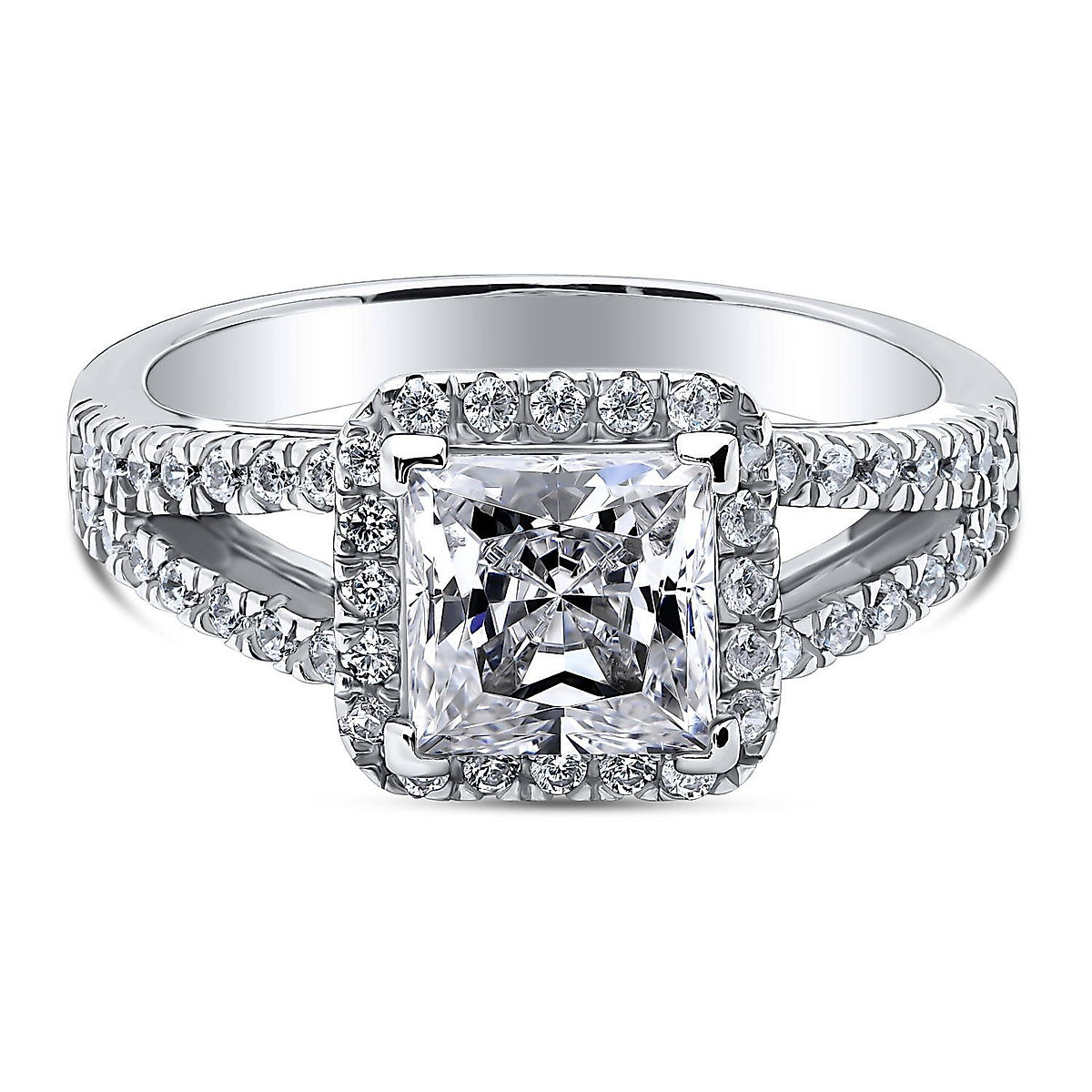 BERRICLE Sterling Silver Halo Wedding Engagement Rings Princess Cut Cubic Zirconia CZ Promise Split Shank Ring for Women, Rhodium Plated Size 6