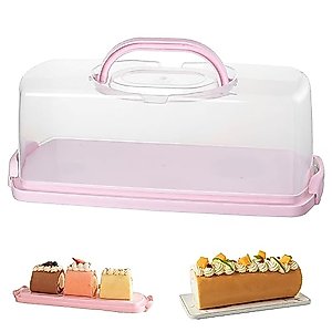 Oidium Cake Carrier with Lid and Handle,Rectangular Bread Storage with 2 Handles,Bread Container Size 13.8x5.9x5 In, BPA-Free，cake container for Transport Toast, Bread, Cake (Pink)