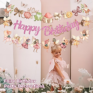 Fairy Happy Birthday Banner Pink - 3pcs Glitter Wonderland Garden Fairy Banner Garlands for Little Girl, NO DIY, Perfect for Whimsical Fairy Tale Themed Birthday Celebration Event Decorations
