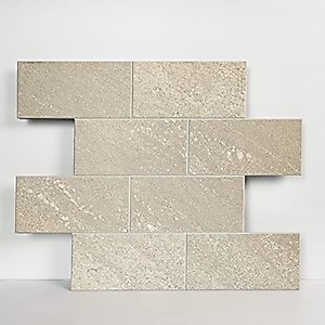 COLAMO 5-Sheet Beige Faux Granite Stone Flamed Surface Peel and Stick Rigid Large Subway Wall Tiles, Stick On Kitchen Backsplash Brick Tiles for Wall,Self Stick Tile For RV,Bathroom, Accent Wall Panel