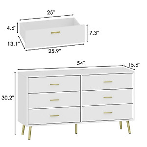 Homsee 6 Drawer Double Dresser Storage Chest of Drawers, 54”L Wood Dresser Chest with Gold Metal Legs for Bedroom, Living Room & Hallway, White (54”L x 15.6”W x 30.1”H)