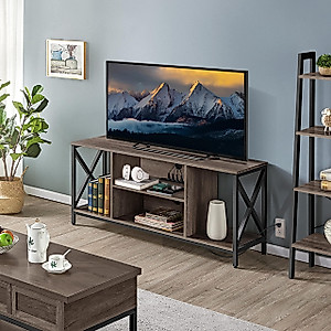 Yaheetech TV Stand for 65 Inch TV, Media Entertainment Center with Power Outlet for Living Room, Industrial TV Console with Side Shelves for PS Storage, Taupe Wood