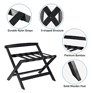 ALAPUR Bamboo Luggage Rack for Guest Room, Folding Luggage Holder with Storage Shelf , Suitcase Stand for Bedroom,Guest Room,Hotel，Black