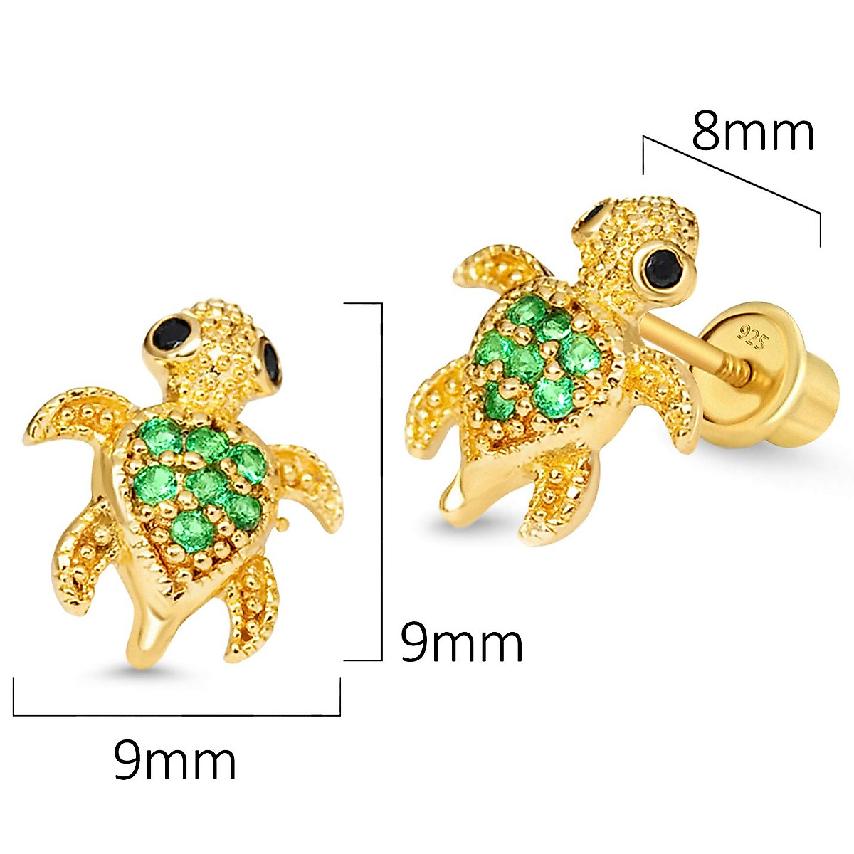 14k Gold Plated Brass Turtle Cubic Zirconia Screwback Baby Girls Earrings with Sterling Silver Post