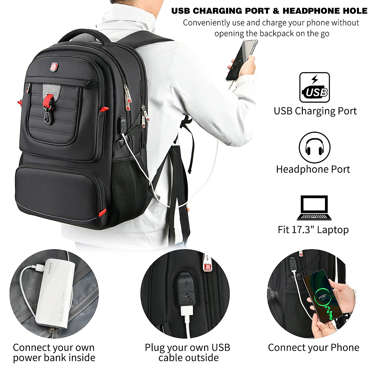 Laptop Backpack for Men Women, College School Business Work 17.3 Inch Computer Backpack Travel Bookbag with USB Charging Port, Waterproof Large Durable Carry-On Backpack (with Golf Cooler Bag）