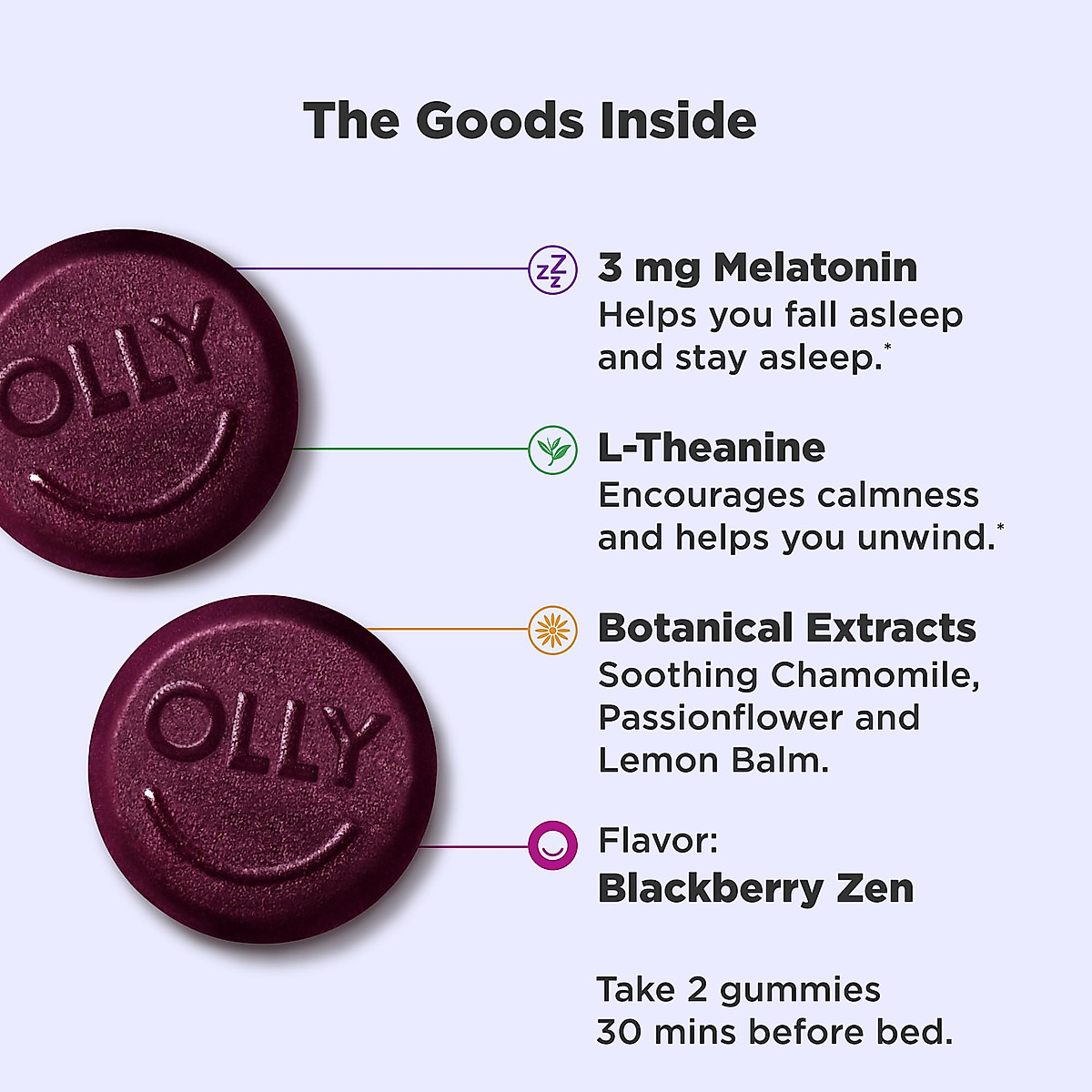 OLLY Sleep Gummy, Occasional Sleep Support, 3 mg Melatonin, L-Theanine, Chamomile, Lemon Balm, Sleep Aid, Blackberry - 60 Count