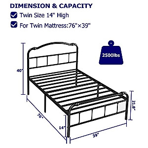 FDLOGW Twin Size Bed Frame with Headboard and Footboard, 14 Inch High, No Box Spring Needed Heavy Duty Metal Platform Bedframe, Noise Free