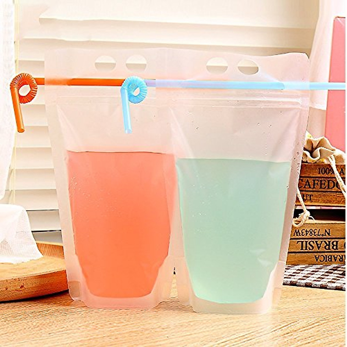 BESOKUSE Drink Pouches for Adults,Drink Pouches with Straws,Stand-Up Juice Pouches Clear Reusable Smoothie Pouch Bag(50PCS)