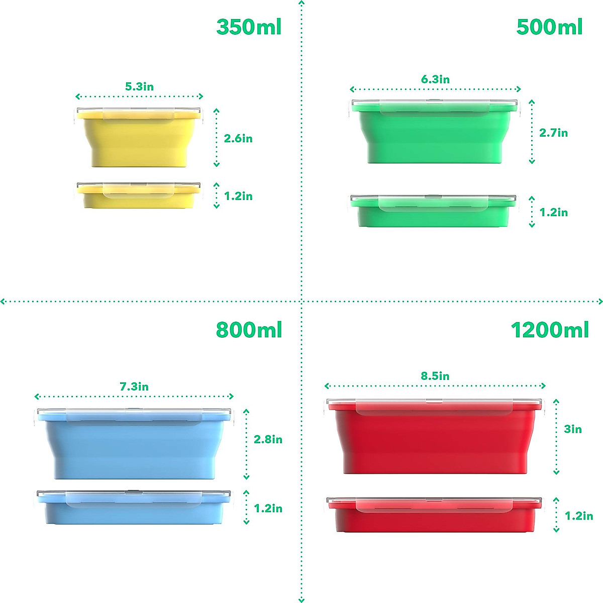 Vremi Silicone Food Storage Containers with BPA Free Airtight Plastic Lids - Set of 4 Small and Large Collapsible Meal Prep Container for Kitchen Lunch Boxes - Microwave and Freezer Safe