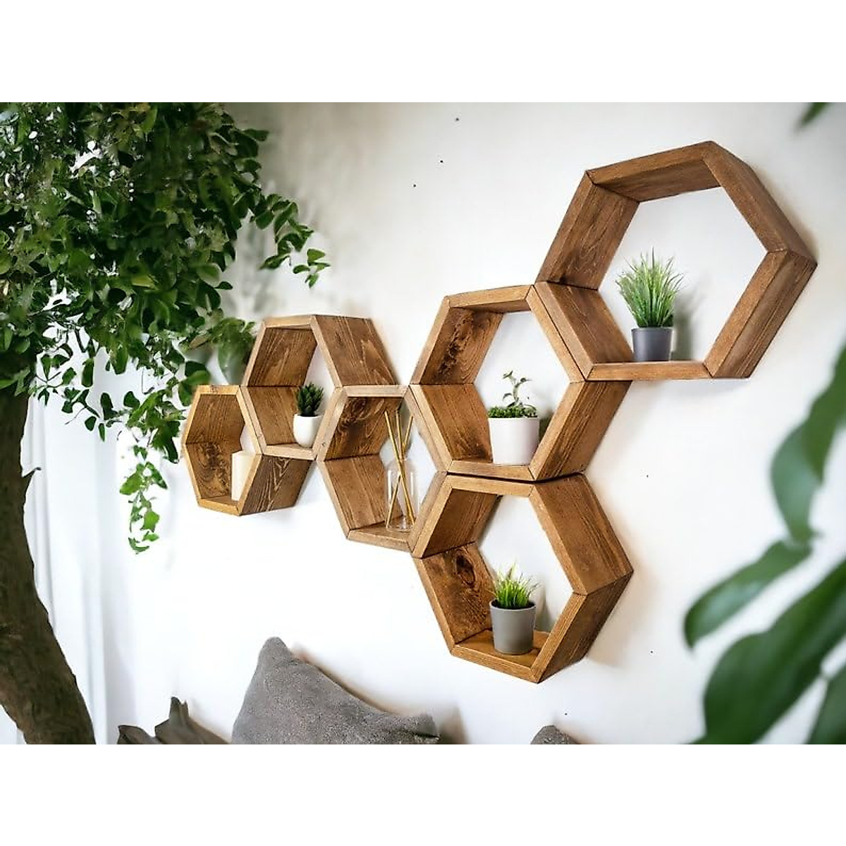 MUOSI Hexagon Shelves, Plant Shelves, Wide Hexagons Shelves, Honeycomb Shelves, Wall Decor （ Provincial I*Set of 6 Hexagons ）