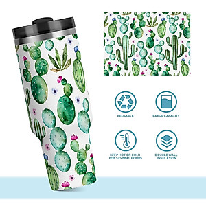 Yasala Car Tumbler with Handle Cactus Floret Travel Mug Coffee Cup Insulated Beverage Container Mega Cup for Hot Cold Drinking Thermos Water Bottle Cupholder Friendly 40 oz