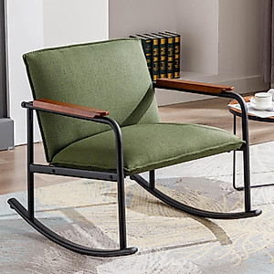 DUOMAY Modern Accent Rocking Chair, Mid Century Upholstered Glider Rocker Armchair with Metal Base Linen Fabric Nursery Glider Chair with Wooden Grips for Living Room Bedroom, Green