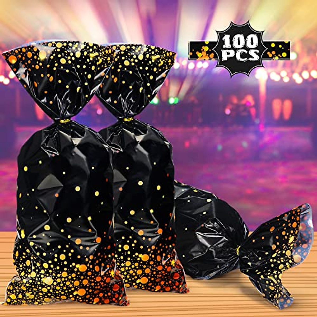 100 Pieces Plastic Party Treat Bags Foil Dot Cellophane Candy Goody Treat Bags with 100 Gold Twist Ties for Christmas Near Year Birthday Retirement Cocktail Wedding Party Supplies(Black Gold)