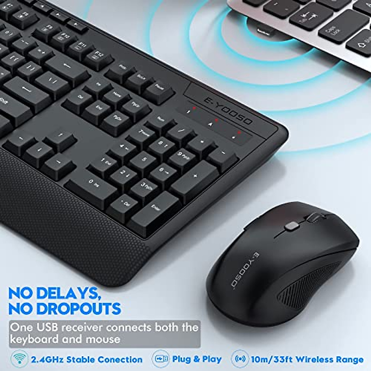 Wireless Keyboard and Mouse Combo, E-YOOSO 2.4GHz Full-Sized Ergonomic Wireless Keyboard with Wrist Rest, 3 DPI Adjustable and 6 Buttons Cordless USB Mouse for Computer, Laptop, PC, Windows (Black)