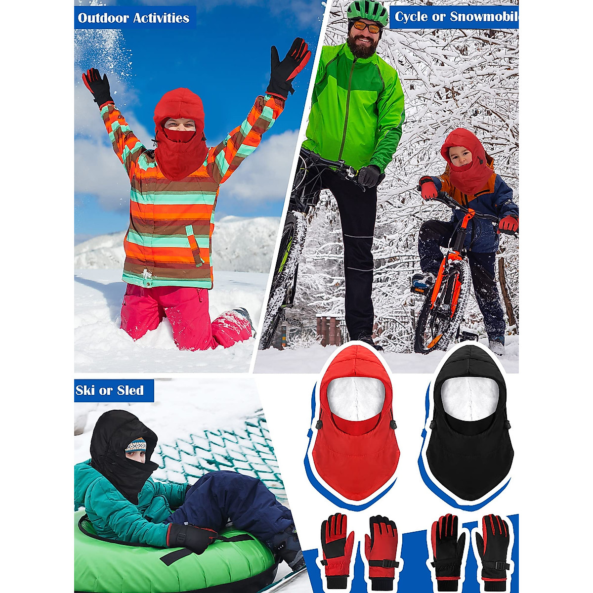 Kids Winter Windproof Waterproof Hat and Ski Snowboard Gloves, Breathable Lined Winter Cold Weather Gloves Unisex Children Heavyweight Balaclava, Ski Mask Thick Warm Fleece Face Cover for Kids Unisex