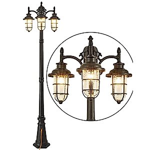 CMRCOZIRA Triple-Head Street Light with Outlet, Nautical Style Outdoor Post Light, IP65 Outdoor Lamp Post Lights with Clear Seeded Glass, Outdoor Street Light Matte Black for Street, Garden, Driveway