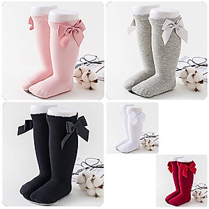 Yeshore Baby Girls Knee High Socks Bow Tube Ruffled Knit Cotton Long Stockings for Infants and Toddlers 5 Pairs (as1, age, 0_month, 12_months, White,Black,Grey,Wine Red,Pink)