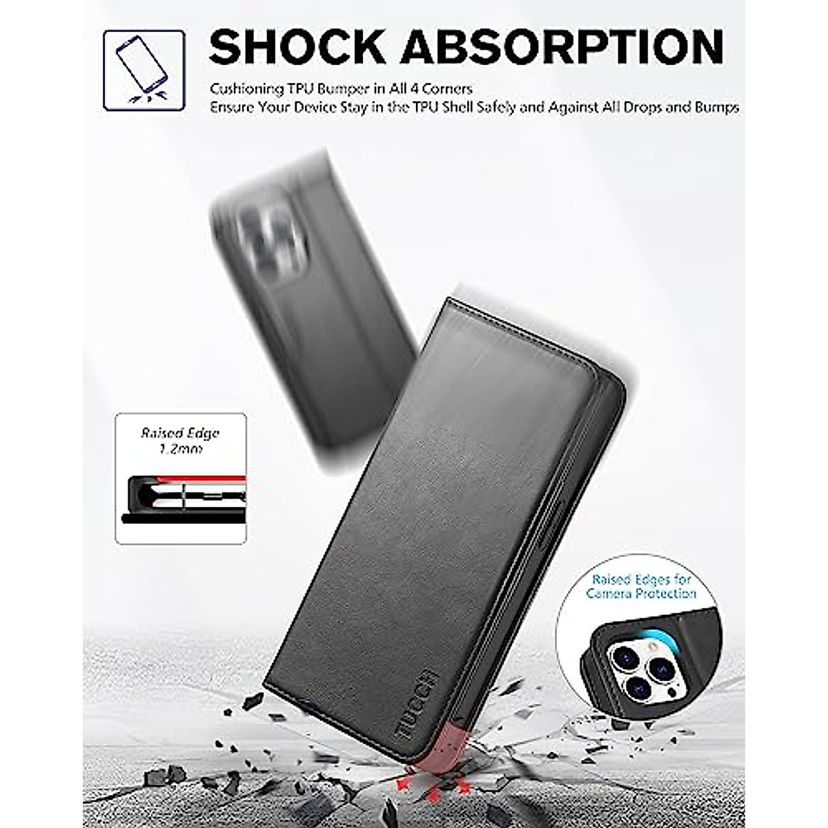 TUCCH Case Wallet for iPhone 14 Pro 6.1", [3 Card Holder] Slots Folio PU Leather Cover, [RFID Blocking] Stand Flip Case with [TPU Shockproof Interior Case] Compatible with iPhone 14 Pro, Classic Black