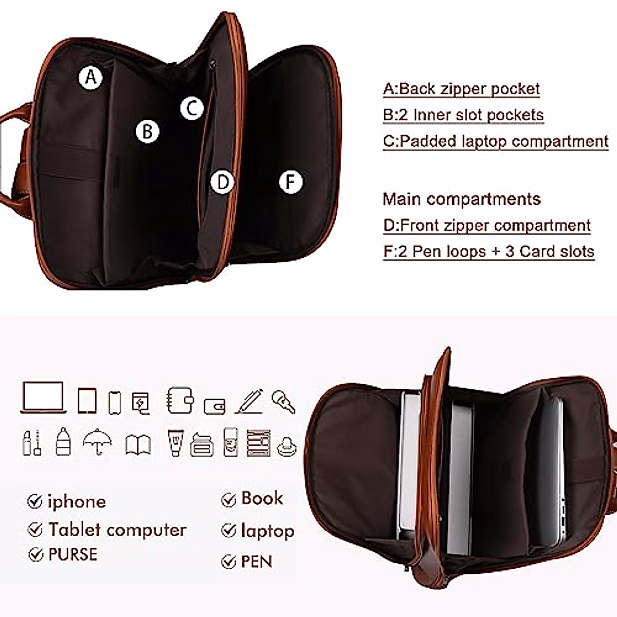 GUETES Leather Laptop Backpack, for Women and Men 15.6 inch Computer Backpack Travel Large Business Work College Daypack, Off White+ Brown