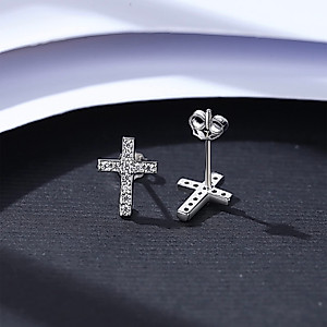 S925 Sterling Silver Dainty Small Tiny Cross with Pave Clear Cubic Zirconia Stud Earrings Fashion Jewelry for Women