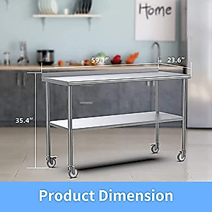 ROVSUN 60'' x 24'' Stainless Steel Table for Prep & Work,Commercial Heavy Duty Worktables & Workstations, Metal Table with Wheels for Kitchen, Restaurant,Home,Hotel