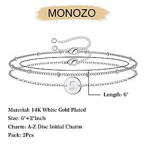 MONOZO 14K White Gold Filled Letter Initial Bracelet, Silver, for Women and Teen Girls