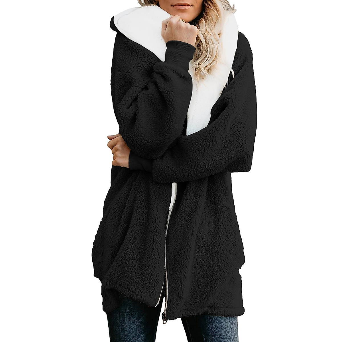ReachMe Womens Fleece Zip Up Jacket with Pockets Oversized Long Sherpa Hoodie Fuzzy Jackets Warm Teddy Coat(02 Black,XL)