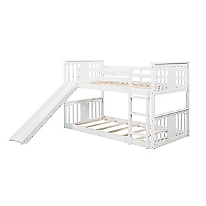 Tidyard Twin Over Twin Bunk Bed with Slide and Ladder, Wood Bed Frame White for Bedroom Dorm Guest Room Home Furniture