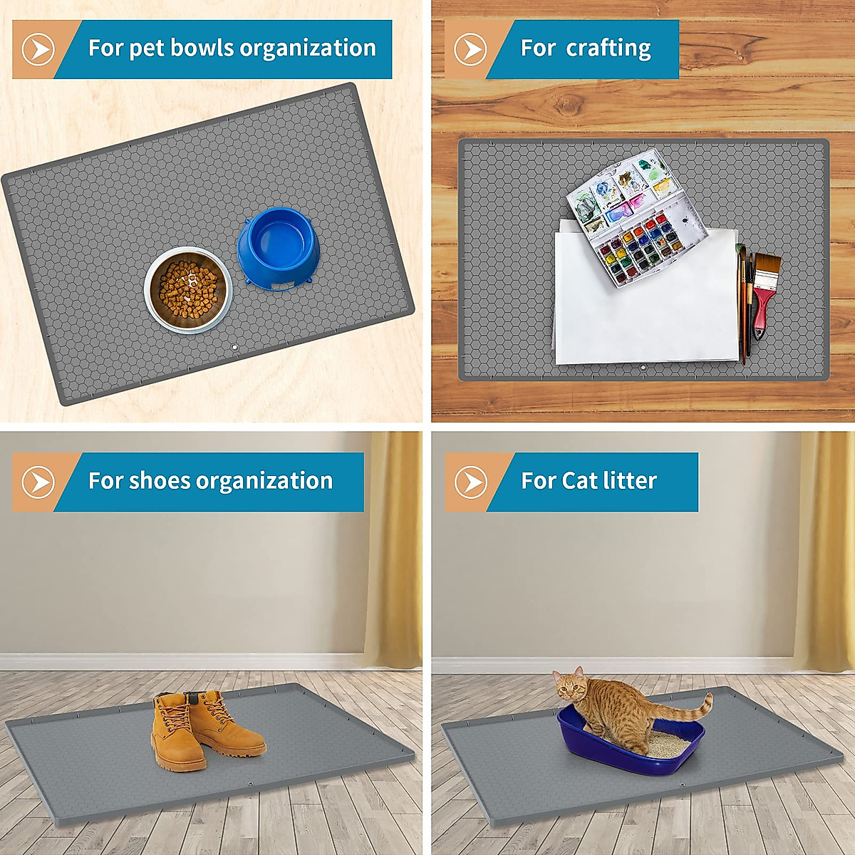 Sanbege Under Sink Mat Liner 34" x 22", Kitchen Cabinet Protector Tray with Drain Hole, Multipurpose Silicone Waterproof Mat for 36" Cabinet or Crafting, Pet Bowls, Floor Organization (Grey)