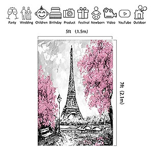 Riyidecor Eiffel Tower Backdrop Fabric Polyester Gray Paris Photography Background Pink Black and White Scenic 5Wx7H Feet Decoration Celebration Props Party Photo Shoot Backdrop Blush RY-PKKE