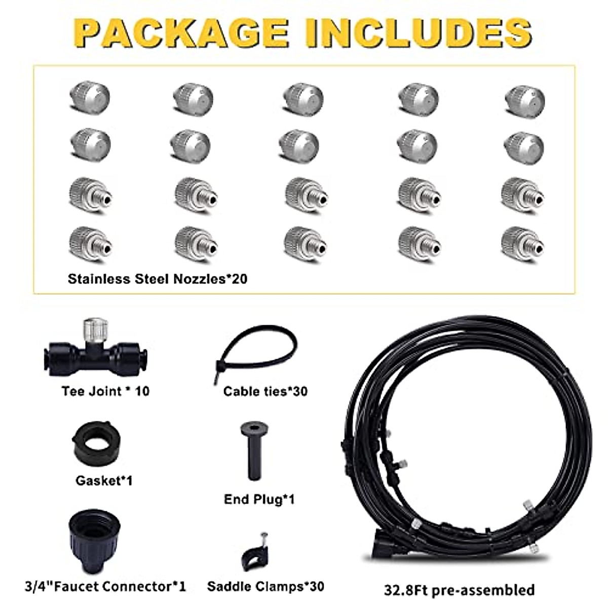 Fogland 32FT Misting Cooling System 10PCS Stainless Steel Misting Nozzles with 20PCS Tap Water Pressure Misting Nozzles Outdoor Cooling System for Garden Terrace Trampoline