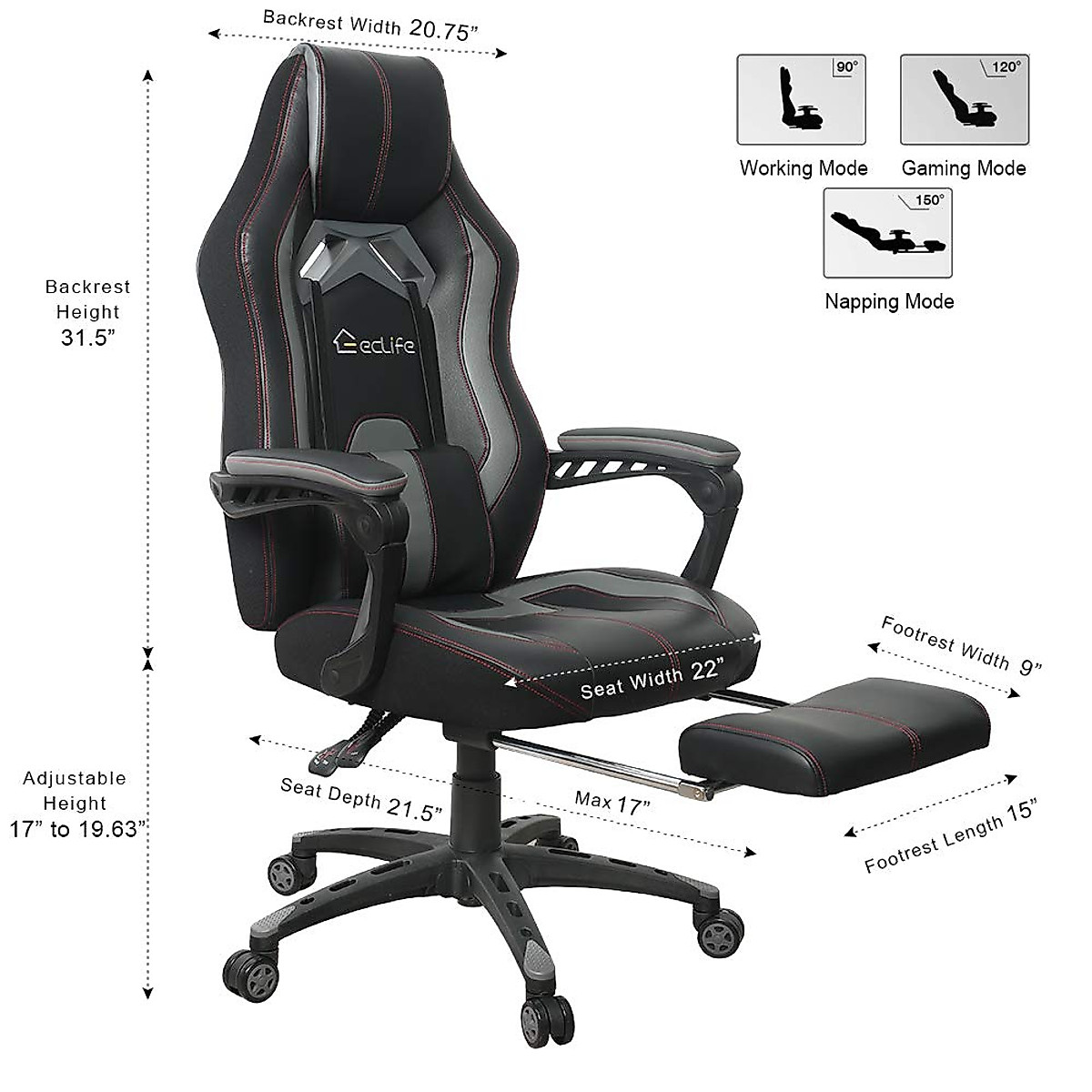 Massage Gaming Chair Racing ,Office Chair Video Game Chair,High Back PU Leather PC Racing Computer Desk Office Swivel Recliner with Retractable Footrest and Adjustable Lumbar Cushion Support (Grey)
