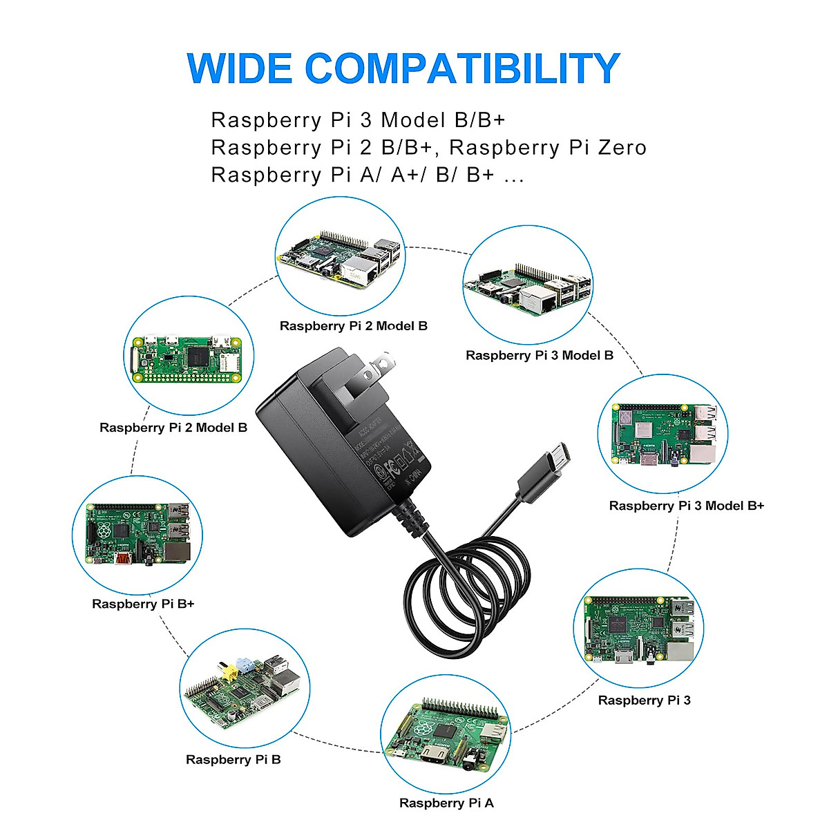 Raspberry Pi Power Supply, SoulBay 5V 3A Micro USB AC Adapter with 6Feet Long Cord for Raspberry Pi 3 2 Model B/B+ Pi A/A+ Zero, Android Tablet, Compatible with DC5V 2.5A 2A